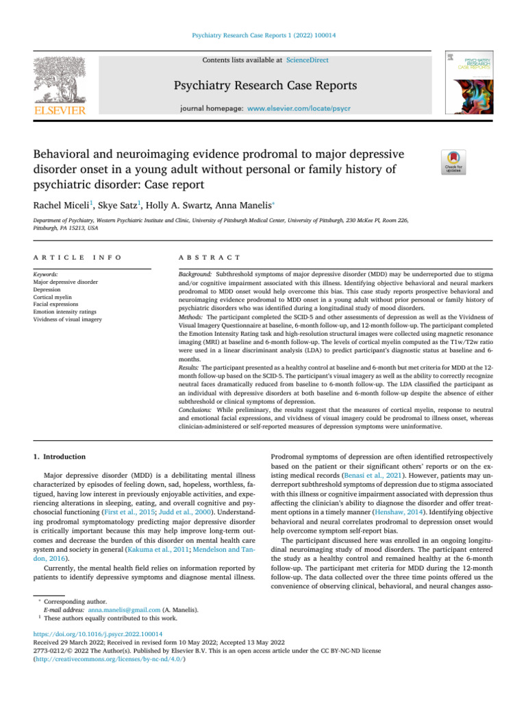 Psychiatry Research Case Reports: Rachel Miceli, Skye Satz, Holly A ...