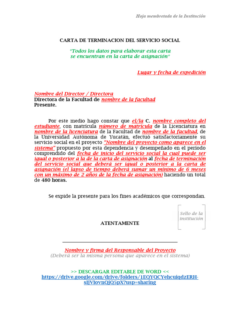 Formato de Carta de Terminación Del Servicio Social | PDF