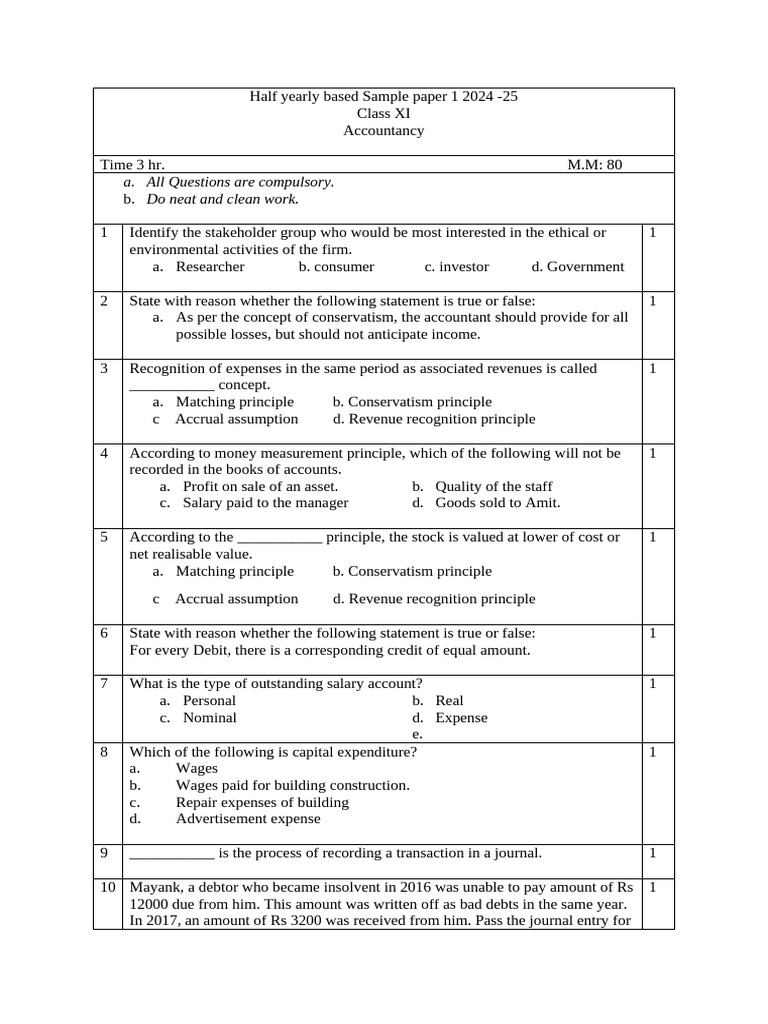 Half Yearly Based Sample Paper Xi | PDF