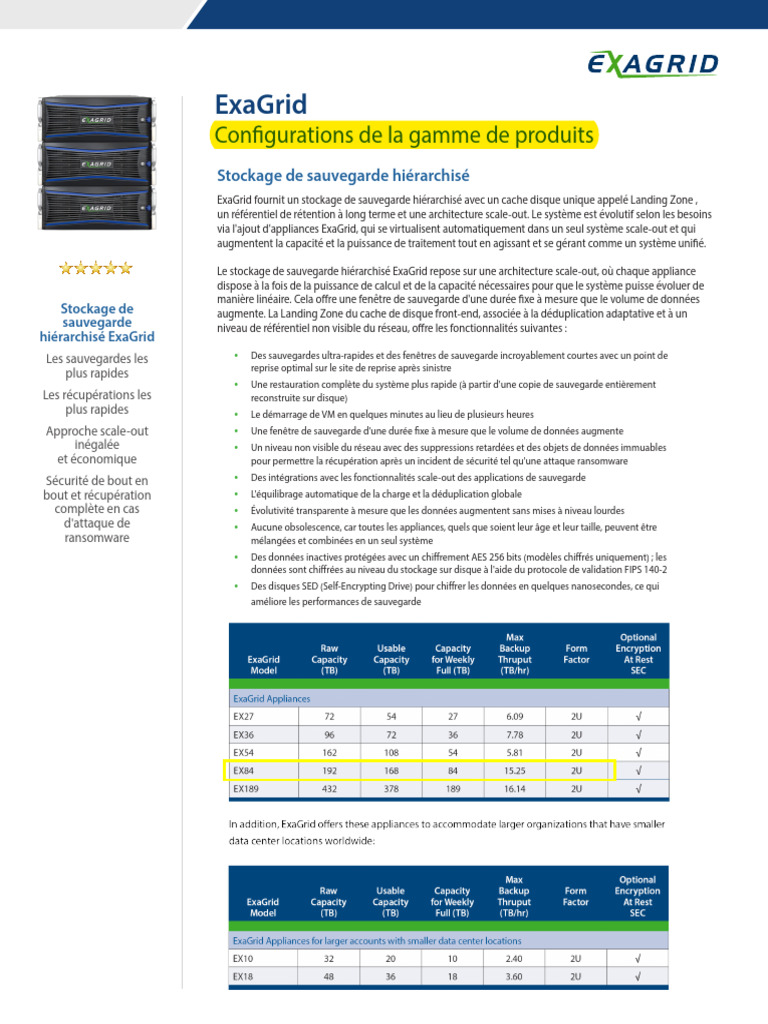 Datasheet ExaGrid - EX84 - Product Line Configurations - Français | PDF