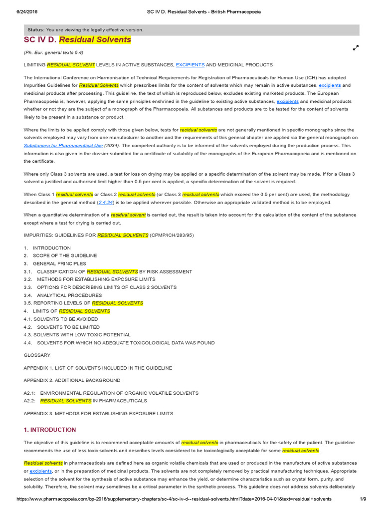 Guidelines for Residual Solvents in Pharmaceuticals | PDF | Toxicity