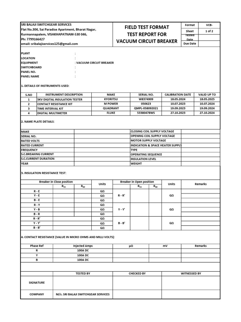 Field Test Format Test Report For Vacuum Circuit Breaker | PDF