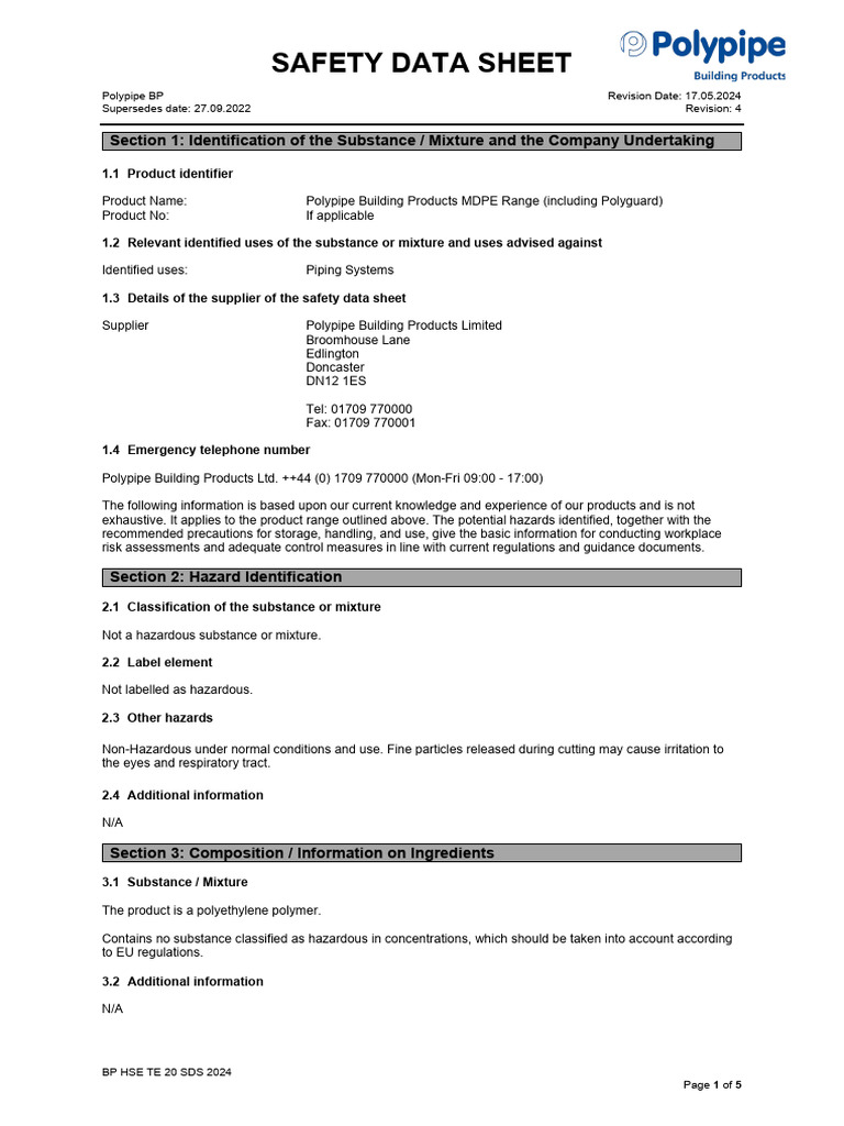 PP Msds Polypipe Polyguard Mdpe Pe80 Pipe | PDF