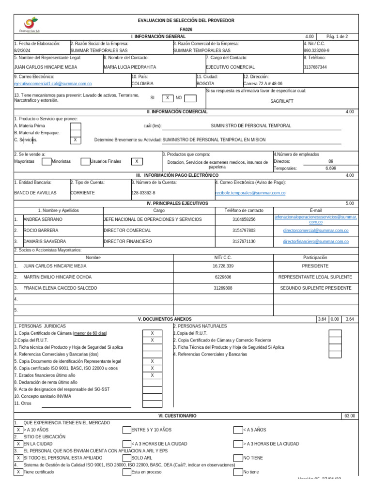 Copia de Fa026 Evaluación de Selección Del Proveedor v05 | PDF