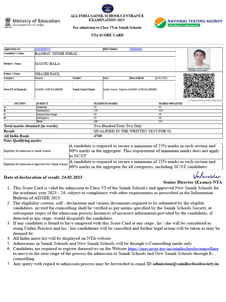 Raghav Singh Johal Manju Bala Shashi Paul: Date of Declaration of ...