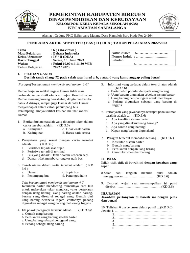 Soal B.indo Kelas 4 Tema 6 | PDF