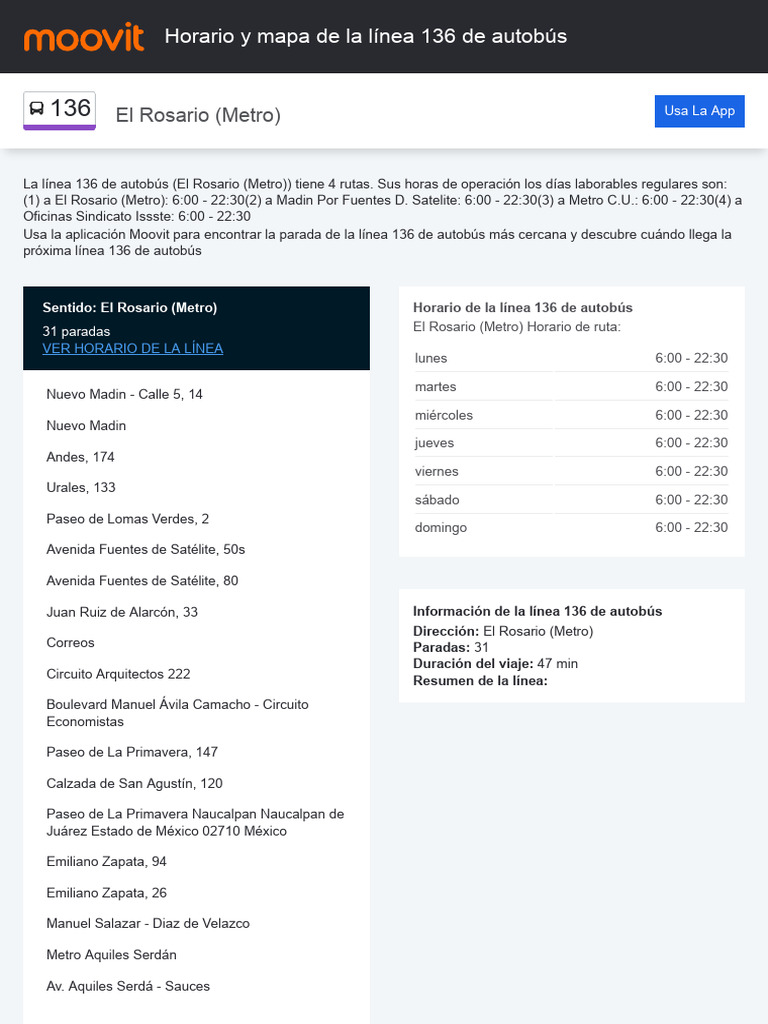 El Rosario (Metro) : Horario y Mapa de La Línea 136 de Autobús | PDF