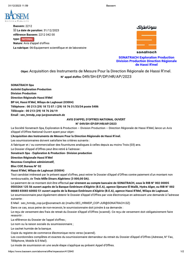 Baosem-Istruments de Mesure Hassi R'mel | PDF