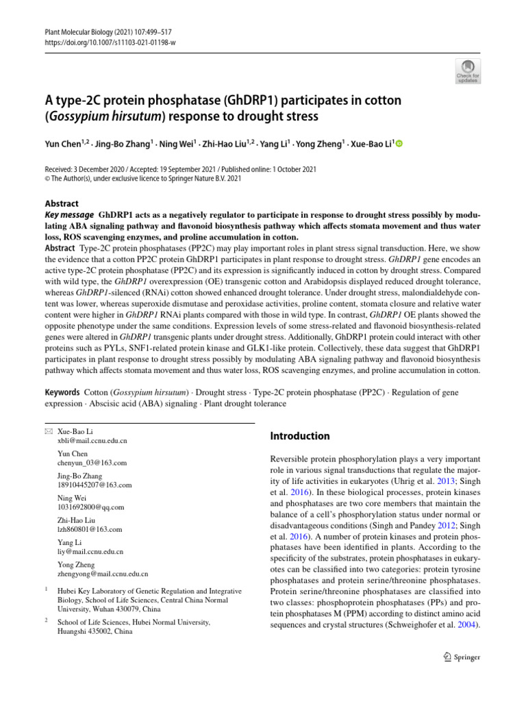 A Type-2C Protein Phosphatase (GhDRP1) Participates in Cotton ...