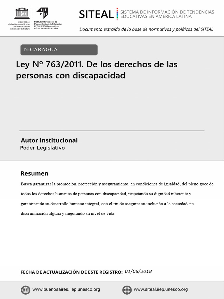 Ley 763 Nicaragua | PDF | Invalidez | Accesibilidad