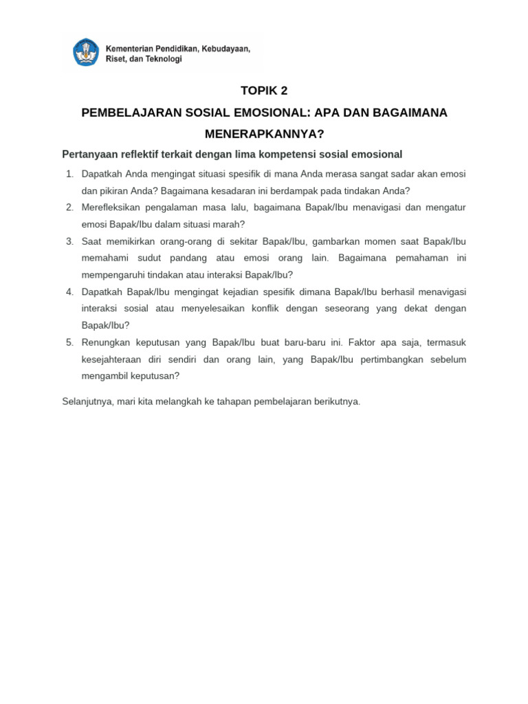 PSE - Topik 2 - Pertanyaan Reflektif - Mulai Dari Diri | PDF