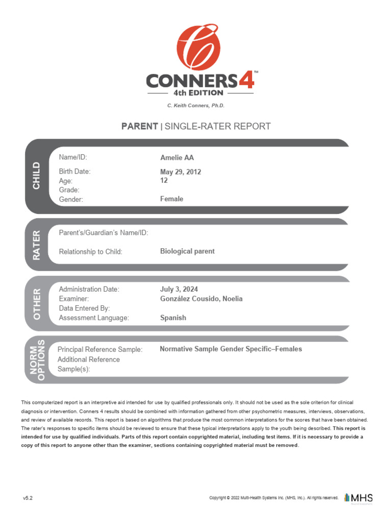 Conners 4 Single Rater Report | PDF | Attention Deficit Hyperactivity ...
