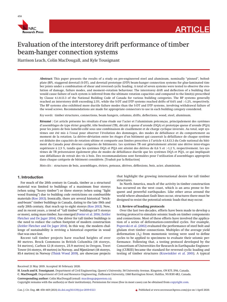 Evaluation of The Interstorey Drift Performance of Timber Beam-Hanger ...
