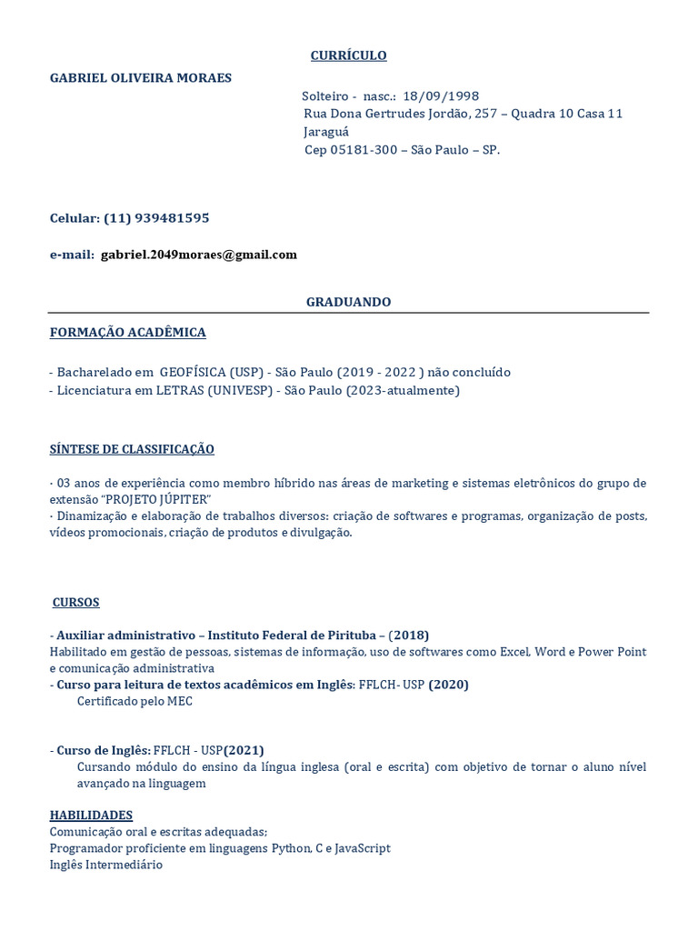 CURRÍCULO Vitae - Gabriel Atualizado | PDF