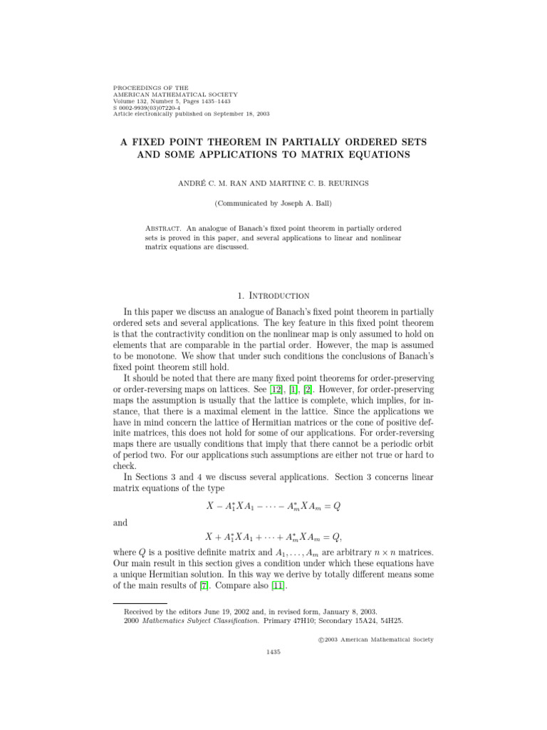 A Fixed Point Theorem in Partially Ordered Sets and Some Applications To Matrix Equations | PDF