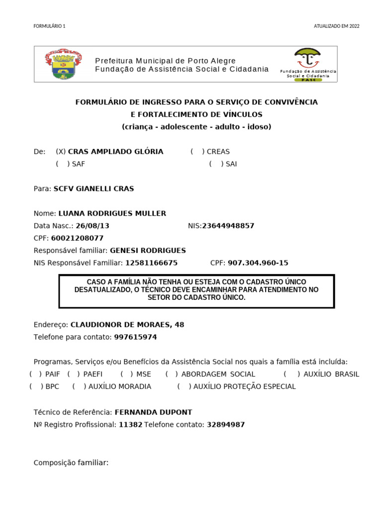 Formulário de Ingresso Do SCFV | PDF