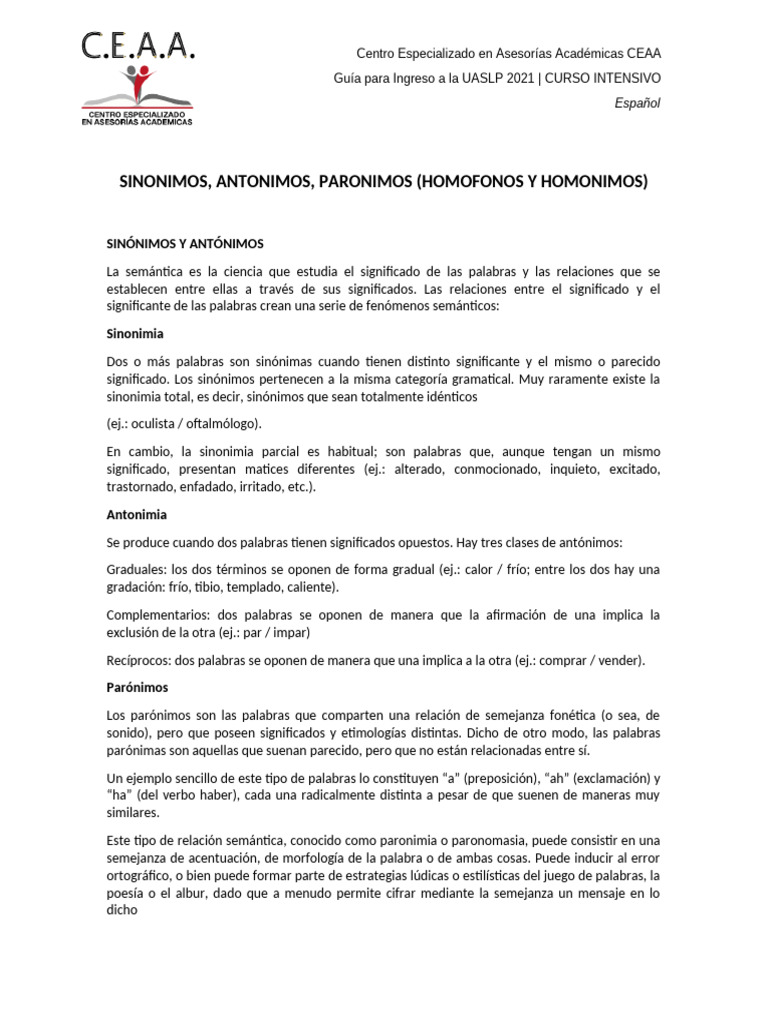 Sinonimos, Antonimos, Paronimos (Homofonos y Homonimos) | PDF