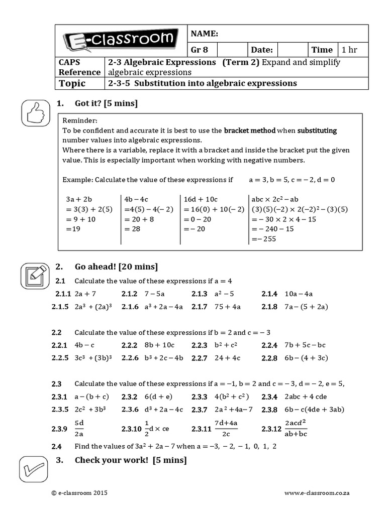 Algebraic-expressions-substitution 2-learners | PDF