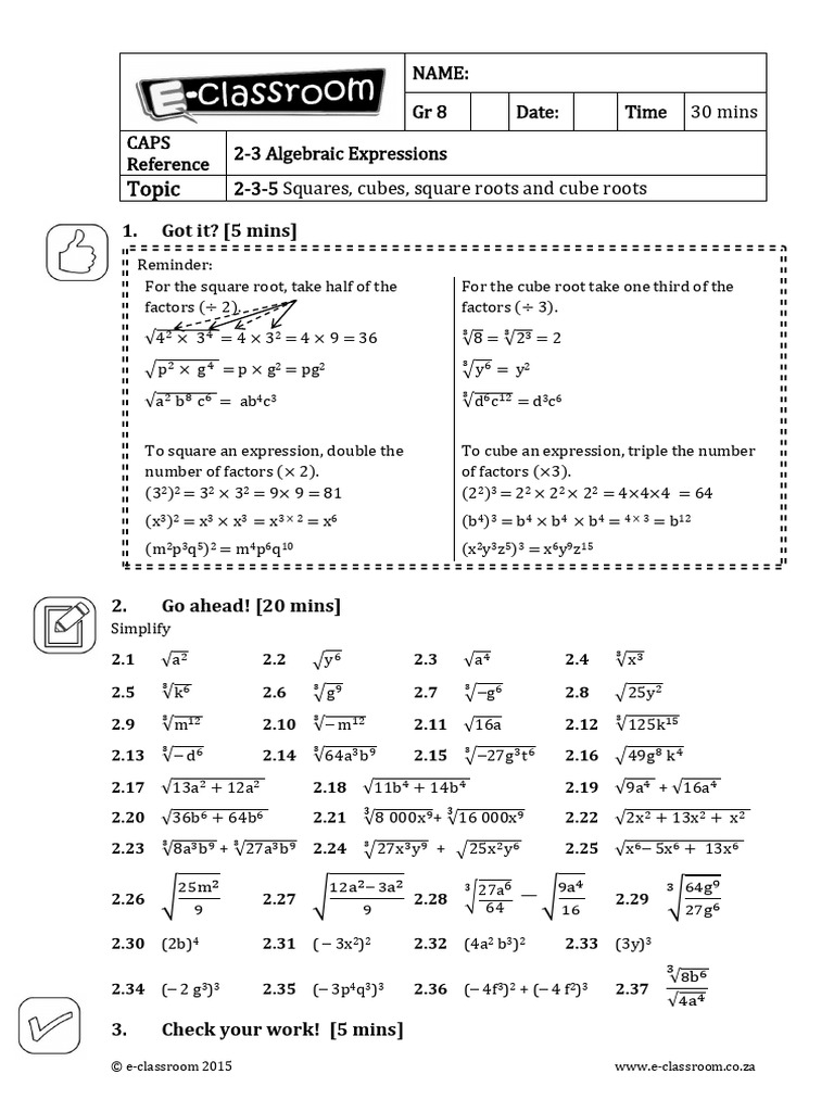 Alg Expr Squares Cubes Square Roots Cube Roots Learners Pdf