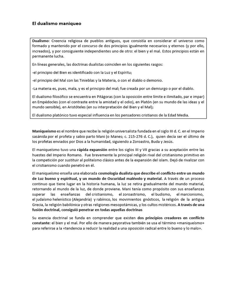 Dualismo Maniqueo | PDF | Dualismo | Creencia religiosa y doctrina