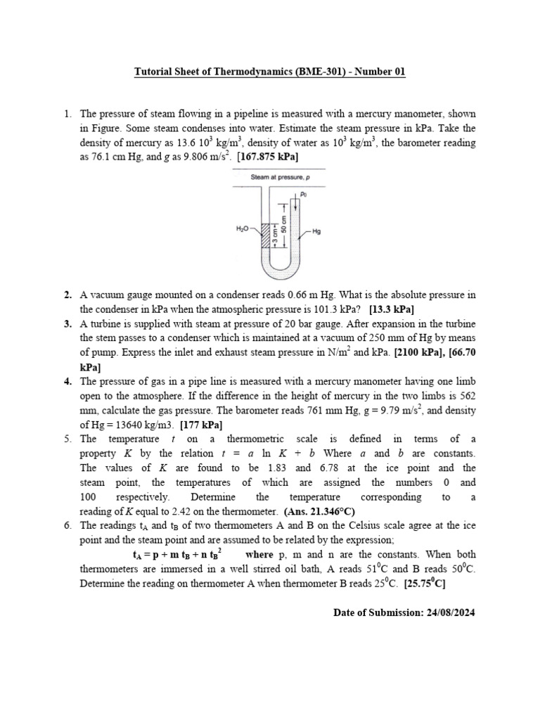 Tutorial Sheets 1 For Thermodynamics 2024 | PDF