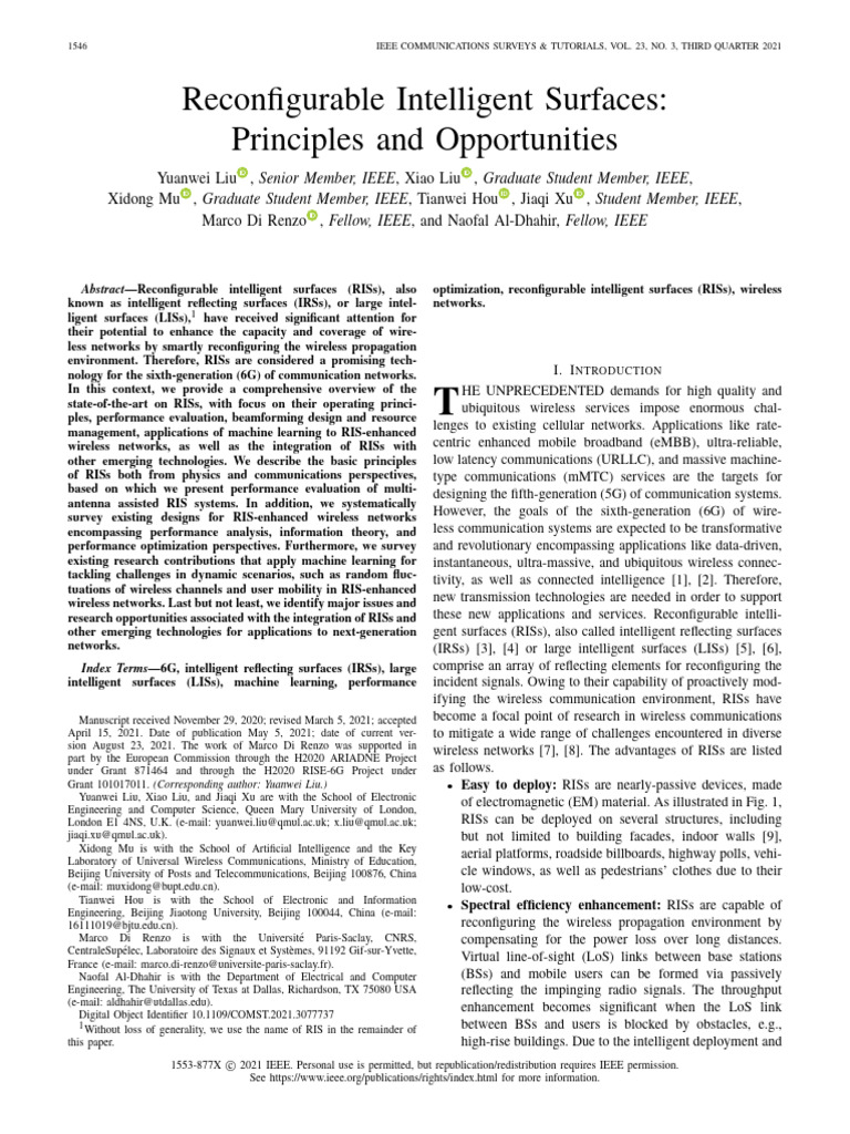 Reconfigurable Intelligent Surfaces Principles and Opportunities | PDF