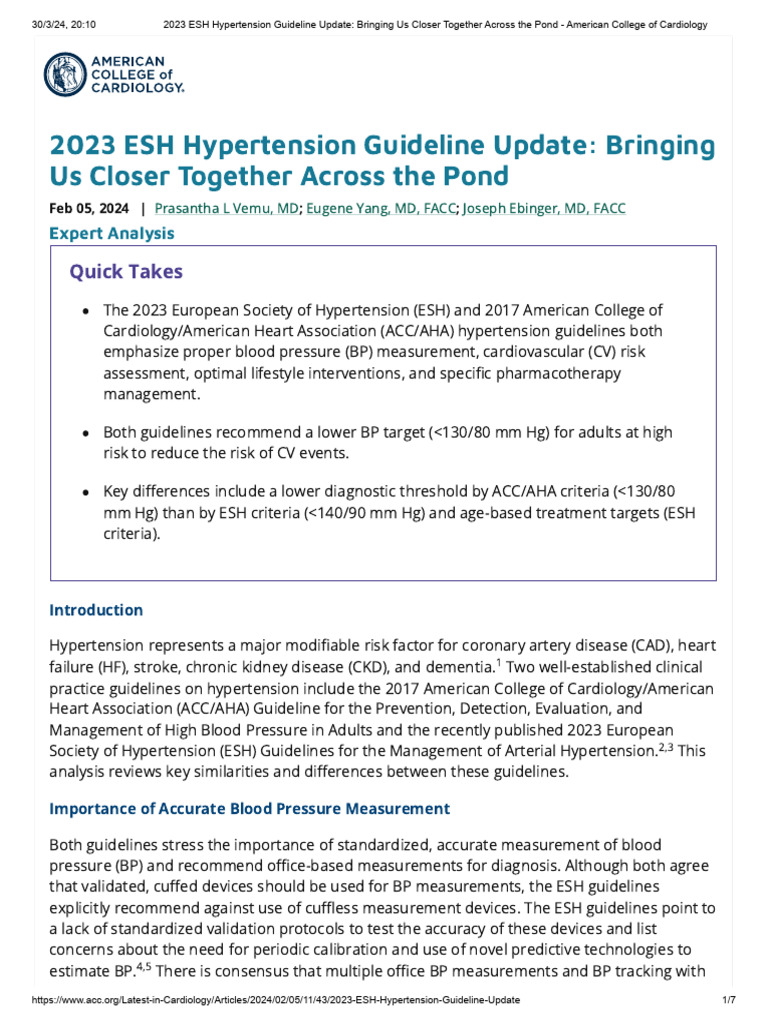 2023 ESH Hypertension Guideline Update - Bringing Us Closer Together Across The Pond - American ...