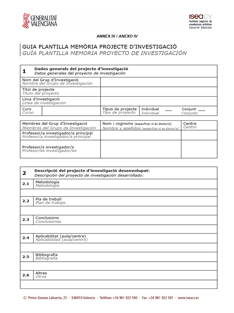 Annex IV Plantilla GUIA MEMORIA Proyectos Investigación ISEACV | PDF