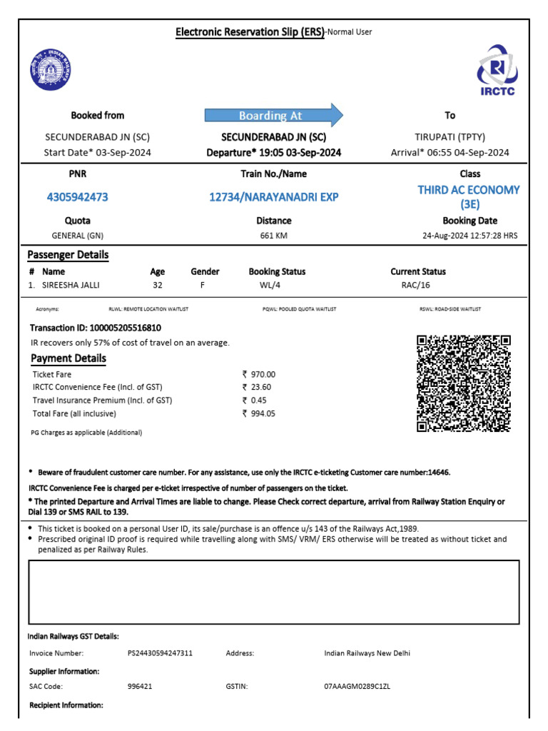 12734/narayanadri Exp Third Ac Economy (3E) | PDF