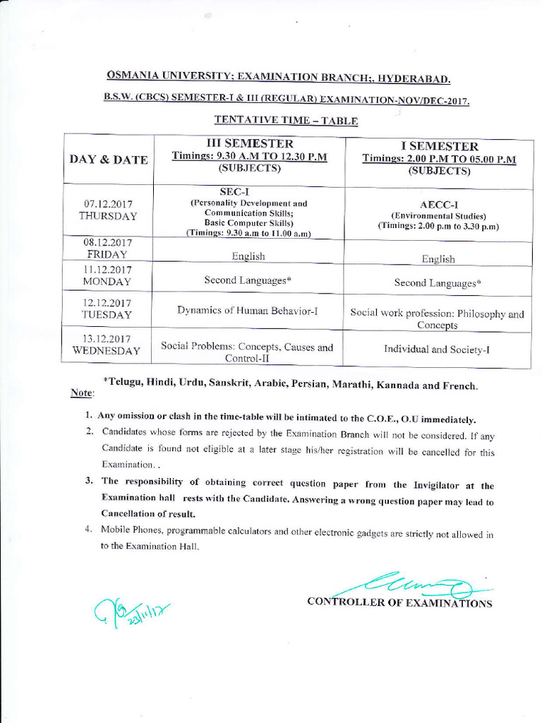 Osmania University Ug Cbcs 1st and 3rd Sem Reg Nov Dec 2017 Revised Timetable 27-11-2017 | PDF