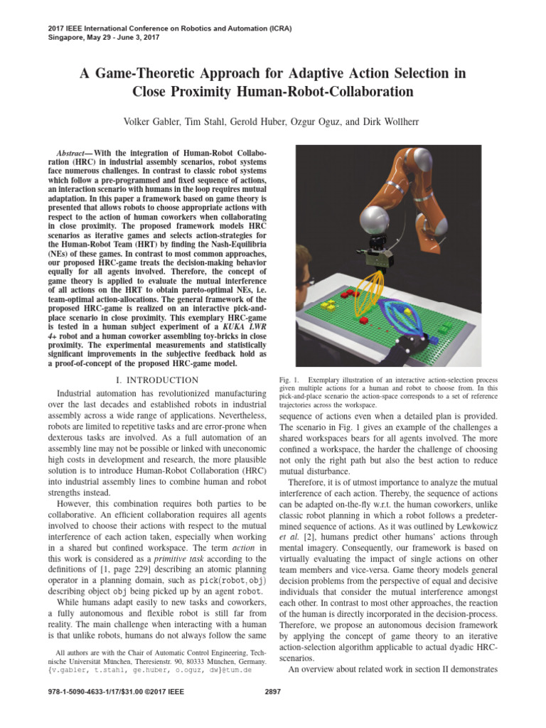 A Game Theoretic Approach For Adaptive Action Selection In Close Proximity Human Robot