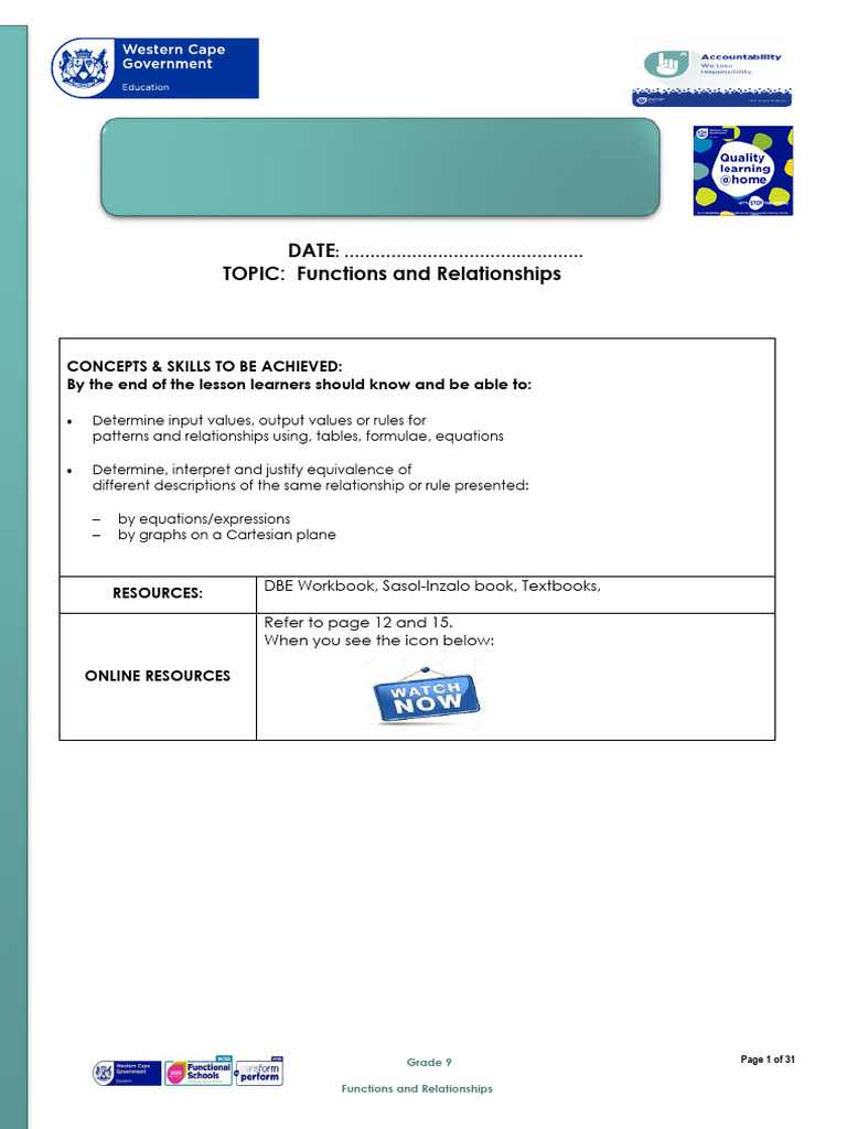 Lesson Plan Gr 9 Mathematics Term 3 Week 1 Functions & Relationships | PDF