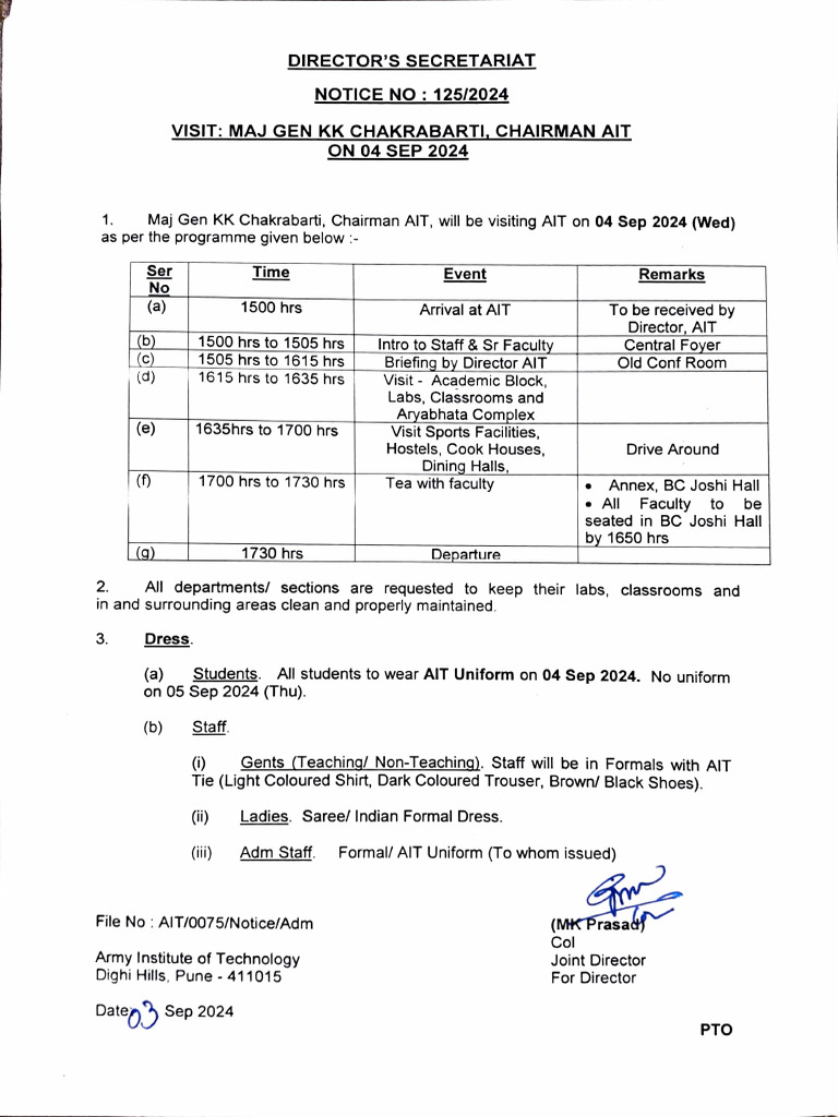 Notice No 125 DT 03 Sep 2024 - Visit of Chairman On 04 Sep 2024 | PDF ...