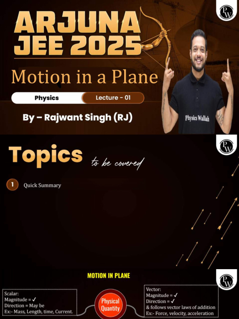 Motion in A Plane - Summary Lecture Class Notes - Arjuna JEE 2025 PDF | PDF