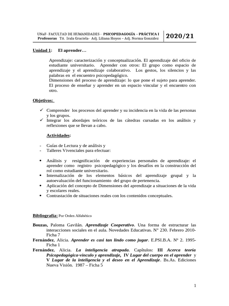 Unidad 1. EL APRENDER. Contenidos, Bibliog y Actividades | PDF