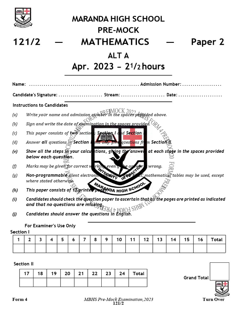 2023 Maranda Pre-Mock Mathematics Paper 2 Exam | PDF