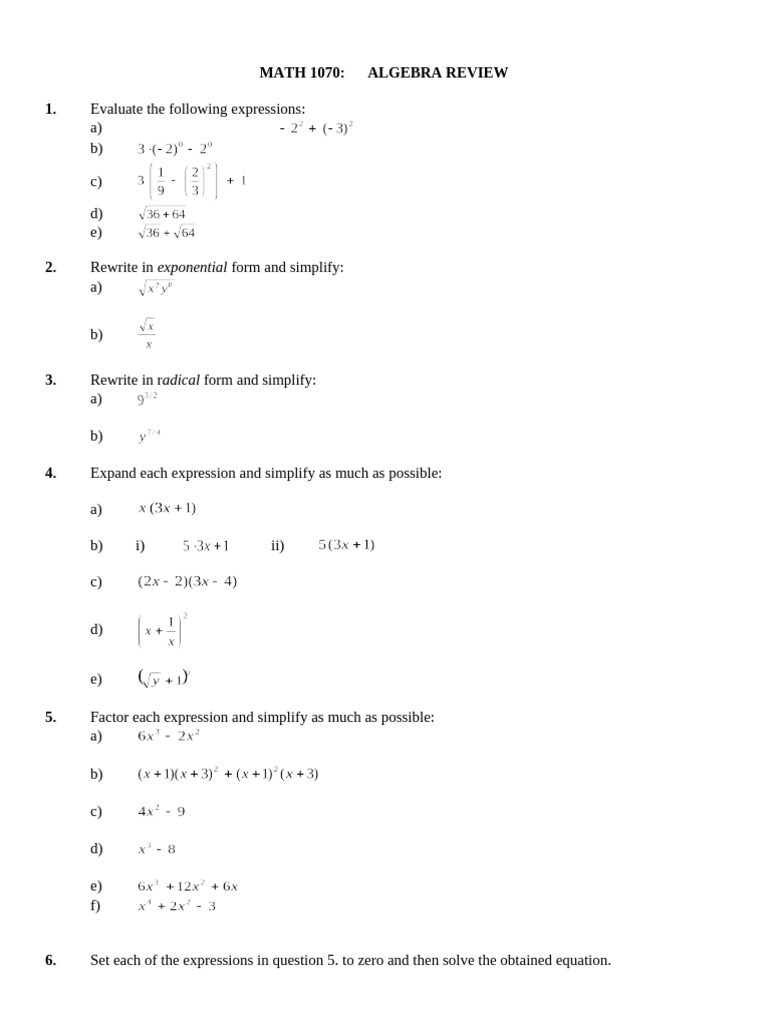 Math 1070, Algebra Review | PDF