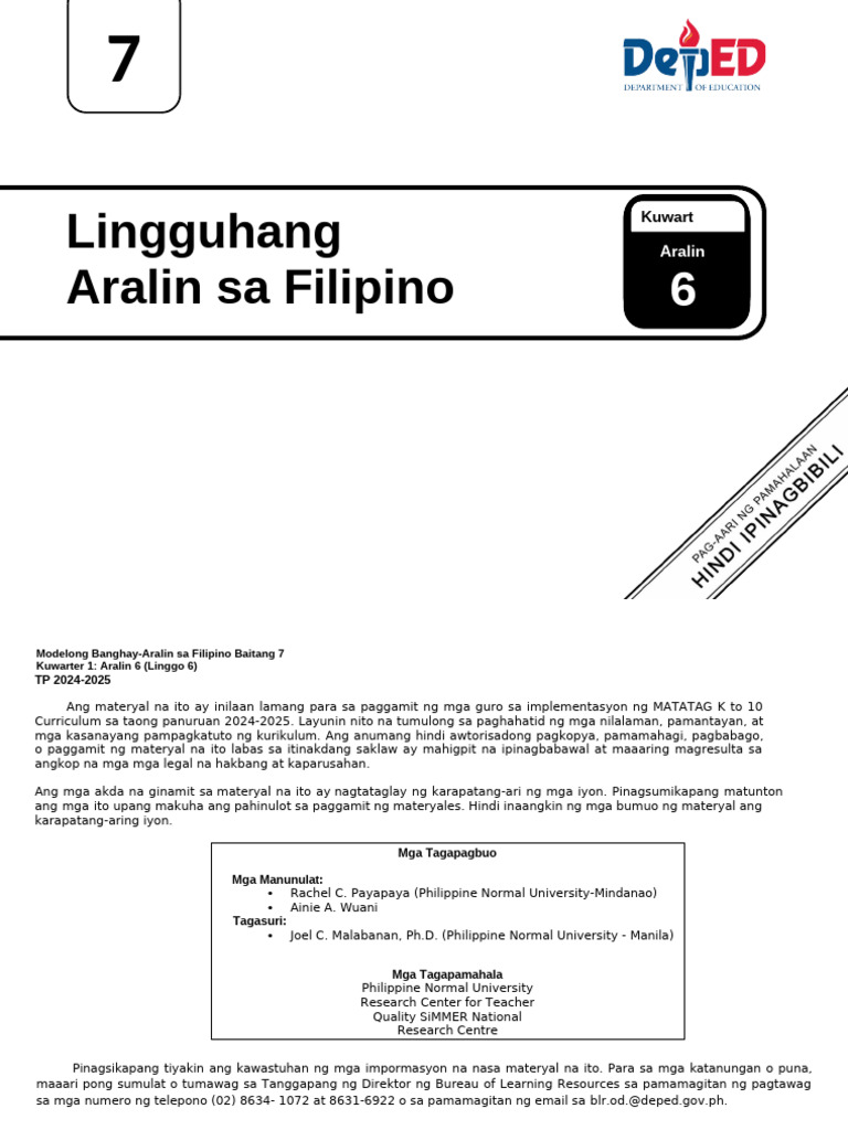 LE - Q1 - Filipino 7 - Lesson 6 - Week 6 | PDF