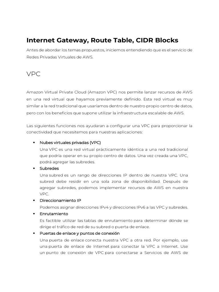 Internet Gateway, Route Table, CIDR Blocks - Lectura 2 | PDF