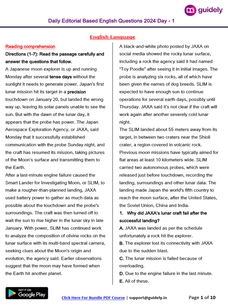 Daily Editorial Based English Questions 2024 Day - 1: Reading ...