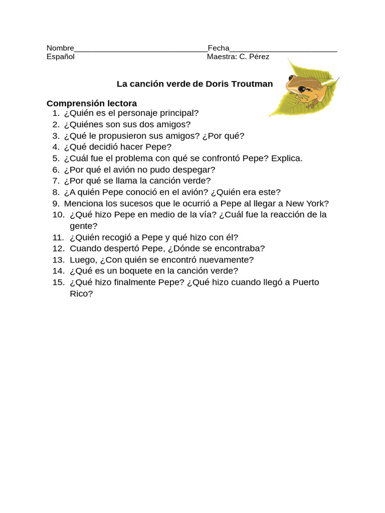 Comprensión lectora para La Canción Verde | PDF