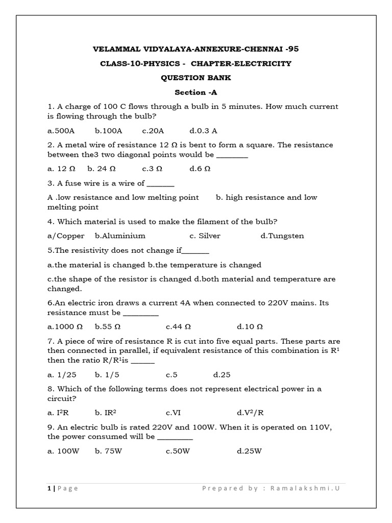 Electricity Question Bank | PDF | Electrical Resistance And Conductance ...