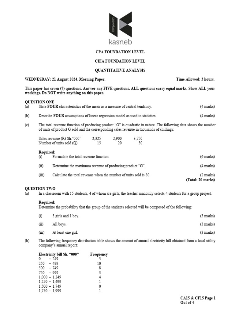 Quantitative Analysis Past Papers - Combined 2024 | PDF