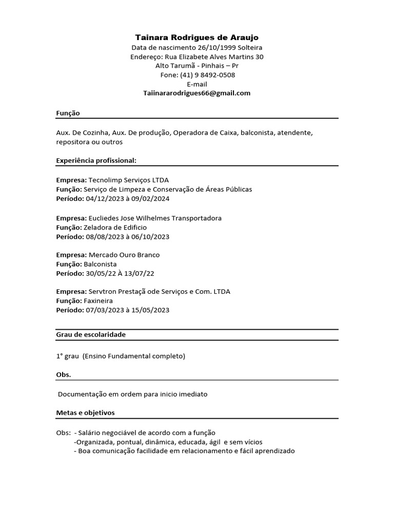 CV Tainara Rodrigues de Araujo | PDF