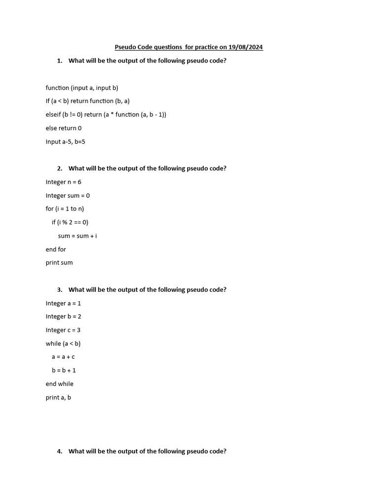 Pseudo Code for practice on 19_08_24 | PDF