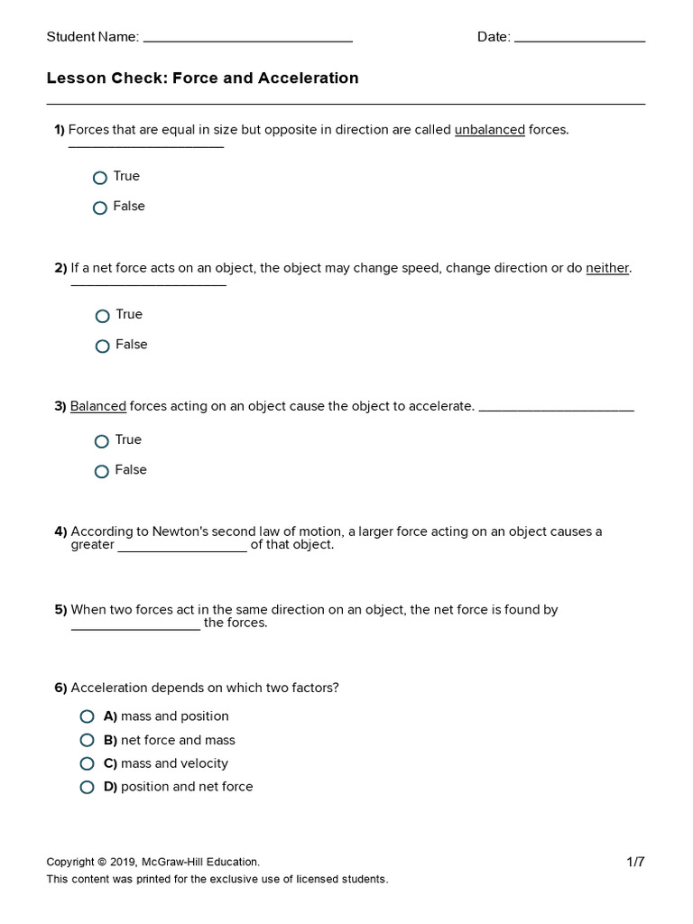 Lesson+Check Force+and+Acceleration SE | PDF