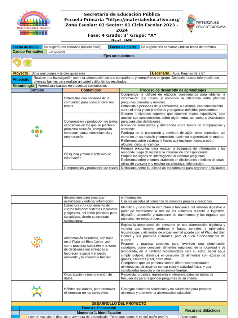 Planeación 3ergrado Dime Qué Comes y Te Diré Quién Eres | PDF Planeación 3ergrado Dime Qué Comes y Te Diré Quién Eres | PDF