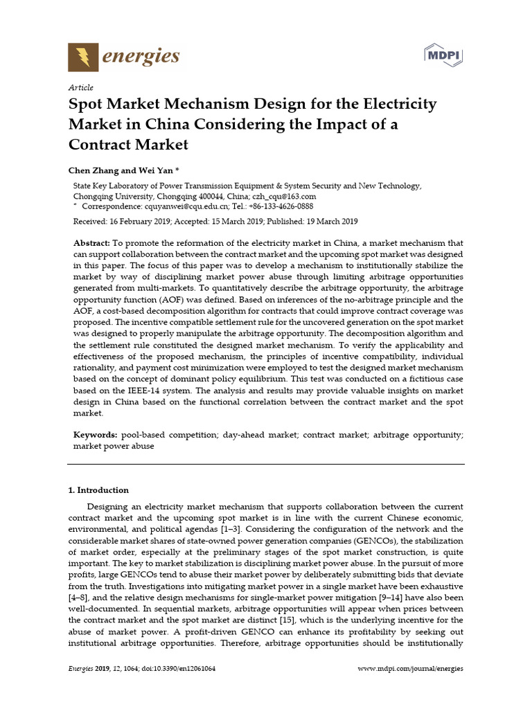 Spot Market Mechanism Design For The Electricity M | PDF