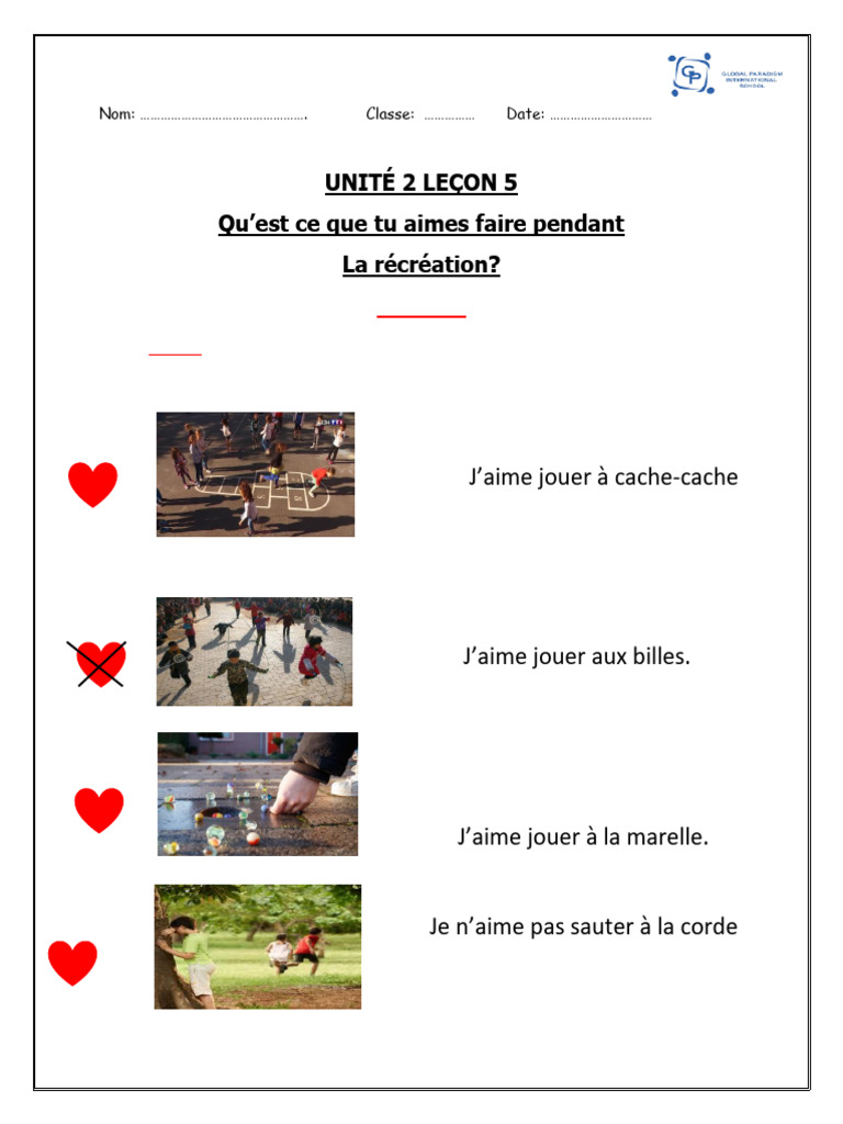 Qu'est Ce Que Tu Aimes Faire Pendant La Récréation | PDF