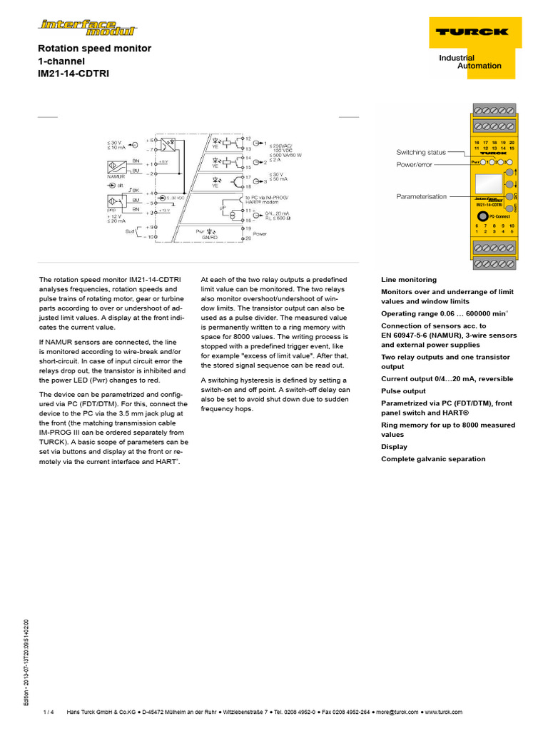 Rotation Speed Monitor 1-Channel IM21-14-CDTRI | PDF